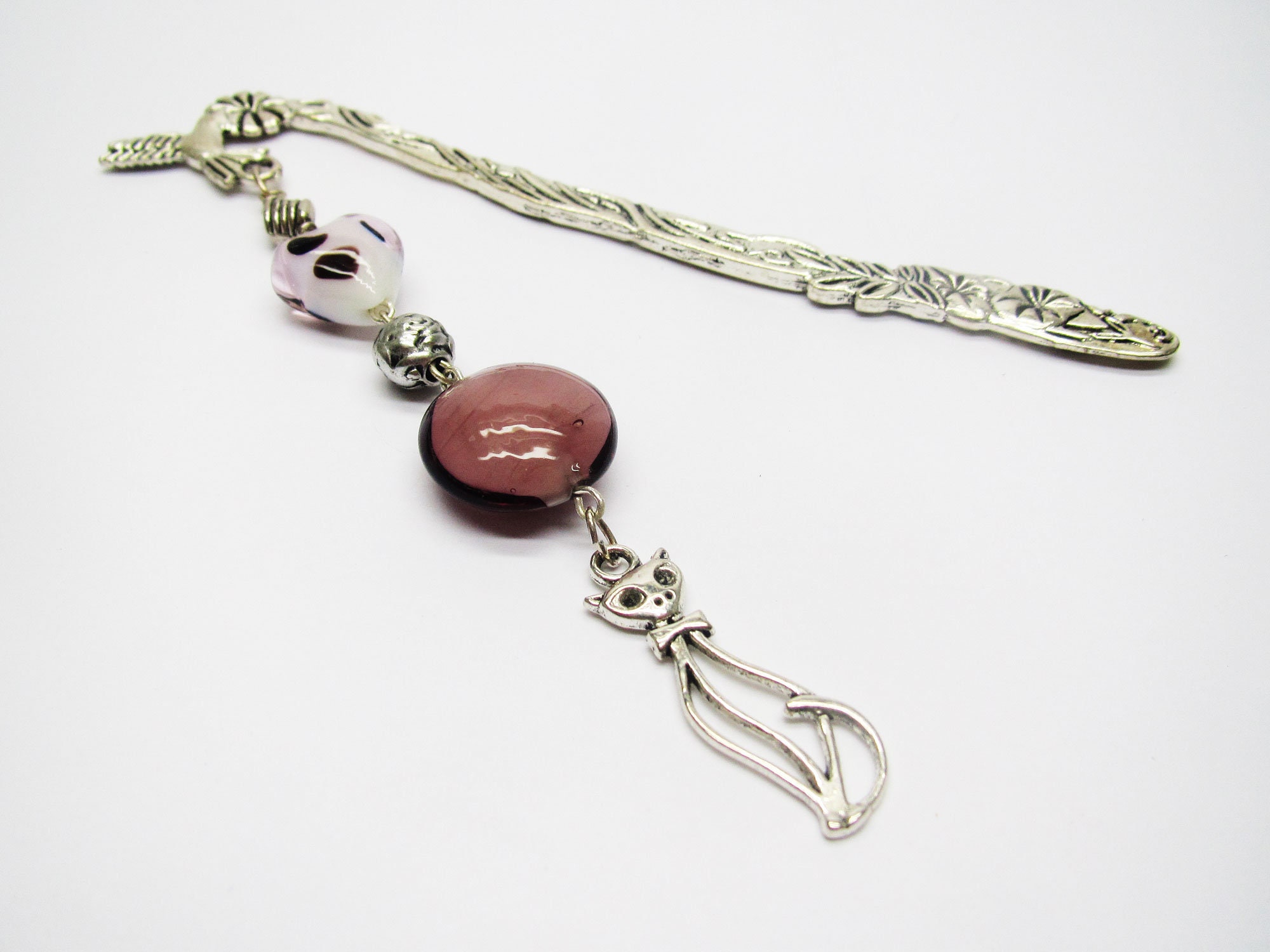 Silver Metal Bookmark Hummingbird Cat Charm and White Heart Pearl and ...