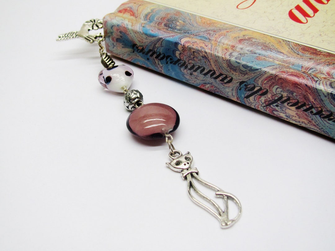 Silver Metal Bookmark Hummingbird Cat Charm and White Heart Pearl and ...