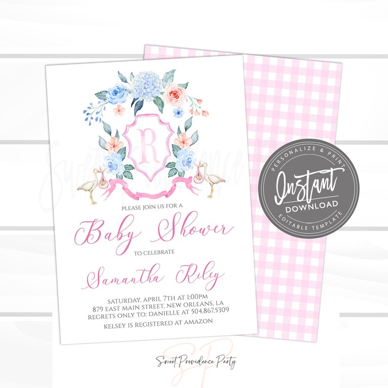 Crest Baby Shower Invitation, Sweet Baby Girl Stork Invitation, Pink ...