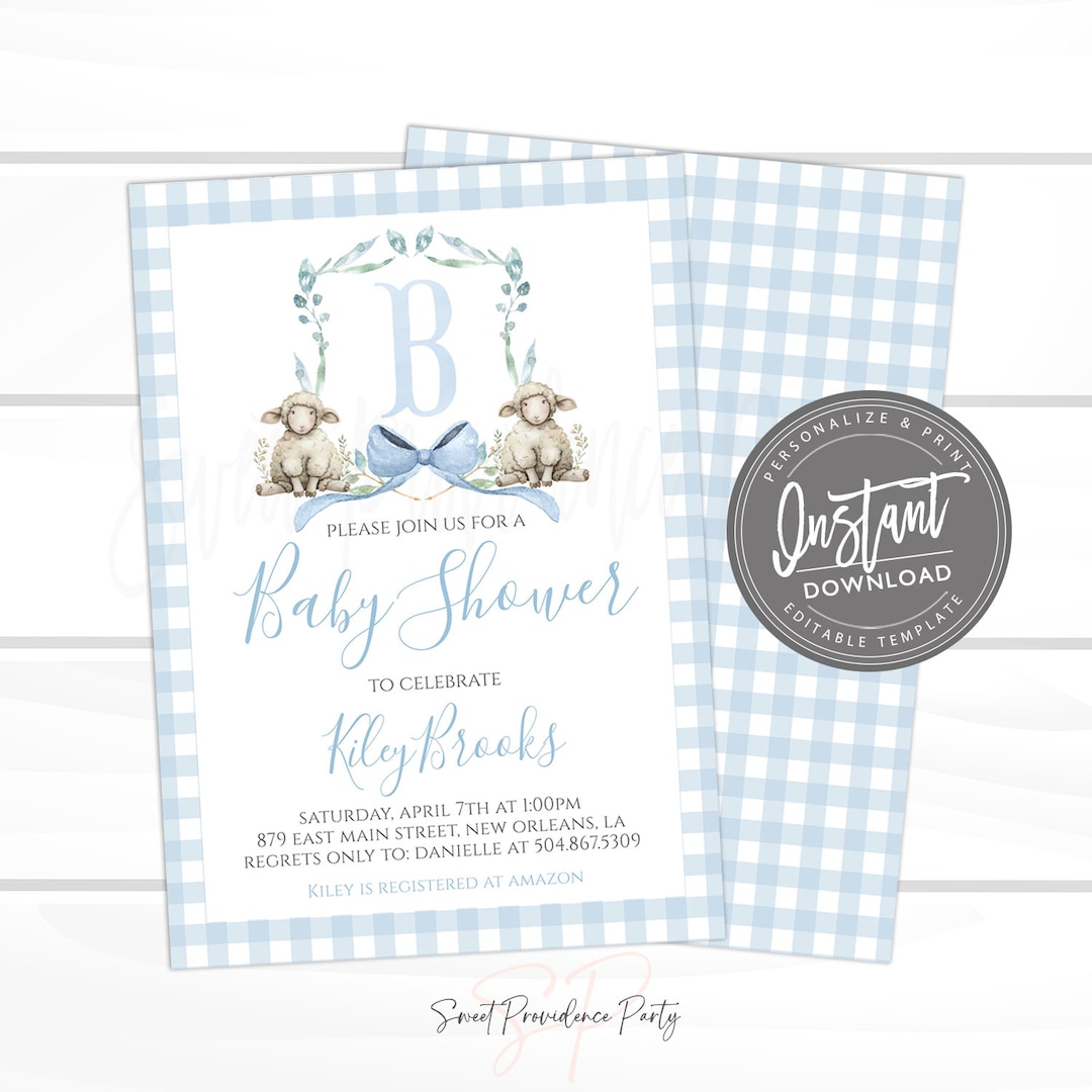 Boy Baby Shower Invitation, Sweet Baby Boy Cute Lamb Crest Invitation ...