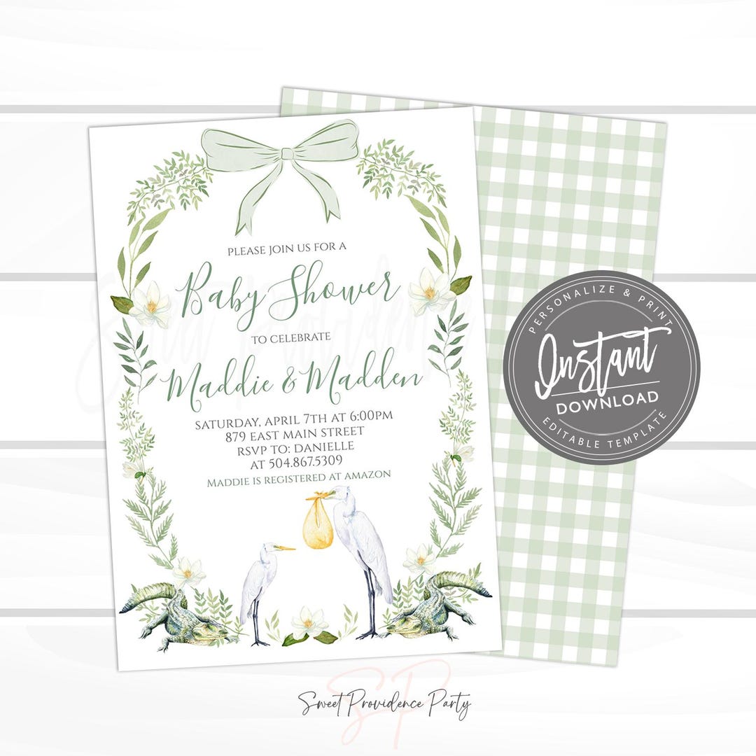 Bayou Baby Shower Invitation, Sweet Baby Bayou Egret Stork Alligator ...