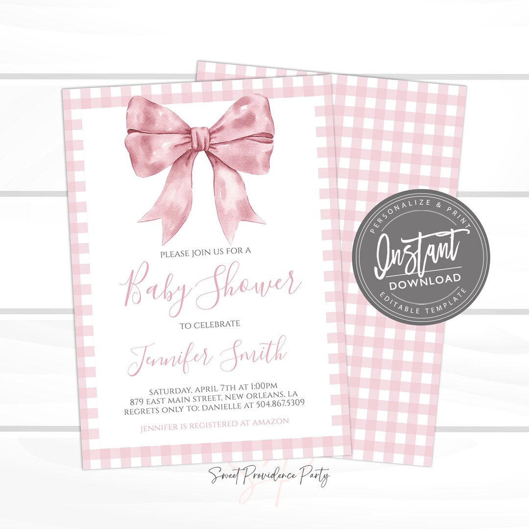 EDITABLE Pink Bow Invitation for Baby Shower, Minimalist Baby Shower ...