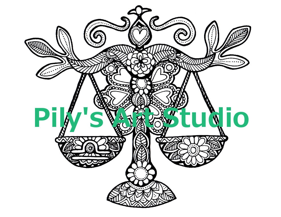 Instant Download PDF Libra Zodiac Signs Zentangle Coloring Page. - Etsy