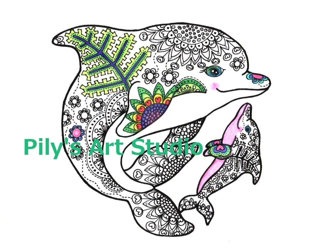 Instant Download PDF Dolphins Zentangle Coloring Page. - Etsy