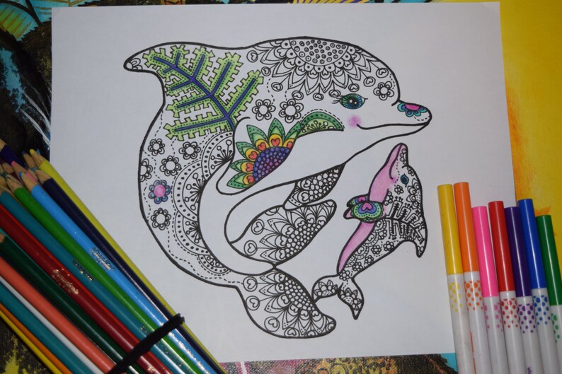 Instant Download PDF Dolphins Zentangle Coloring Page. - Etsy