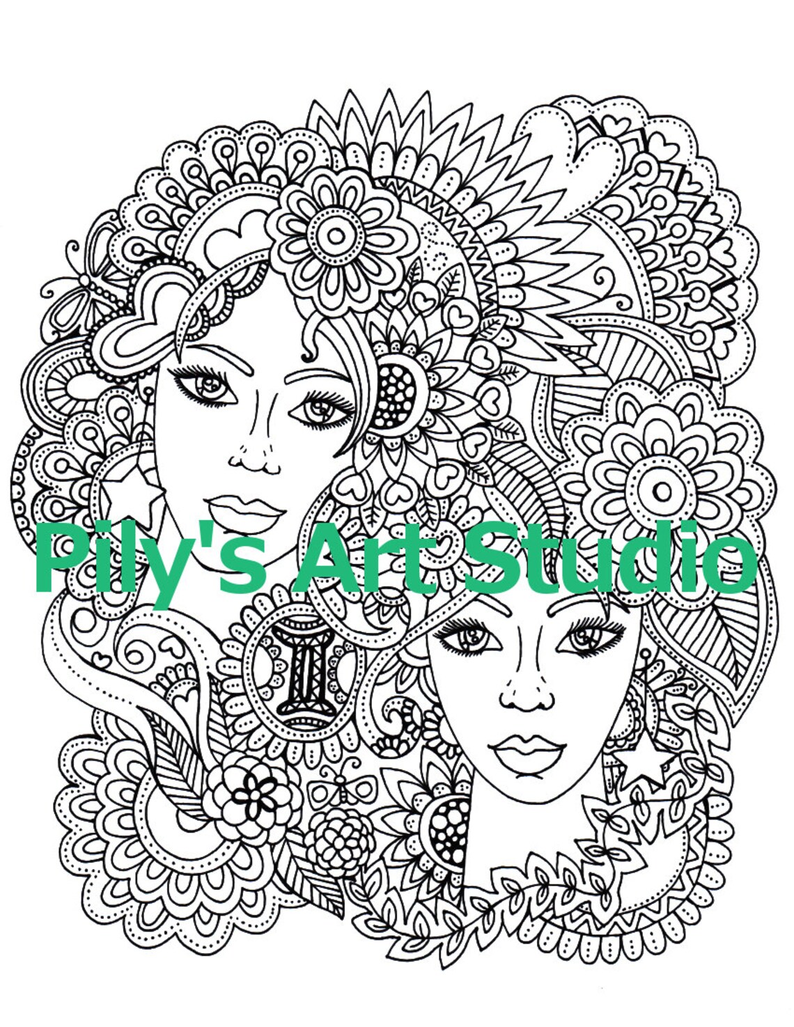 Instant Download PDF Gemini Zodiac Signs Zentangle Coloring Page. - Etsy