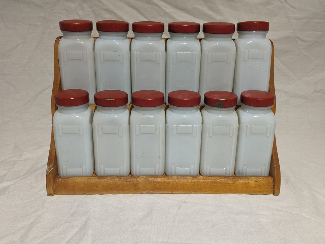 Vintage Griffith Milk Glass Spice Jar Set W/wood Rack - Etsy