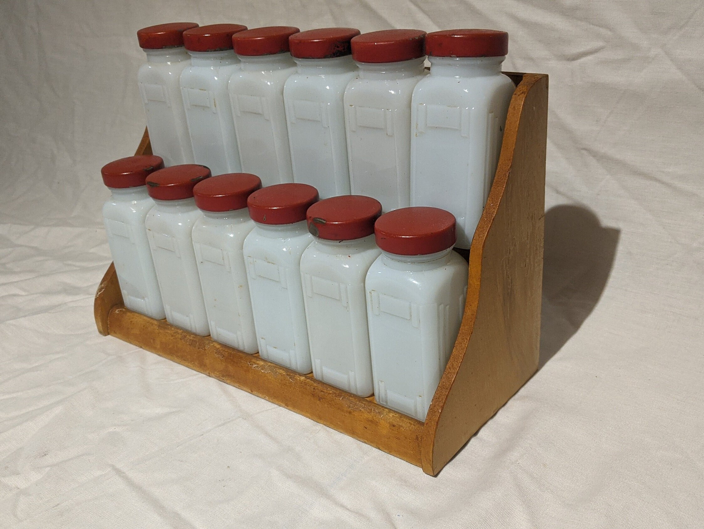 Vintage Griffith Milk Glass Spice Jar Set W/wood Rack - Etsy