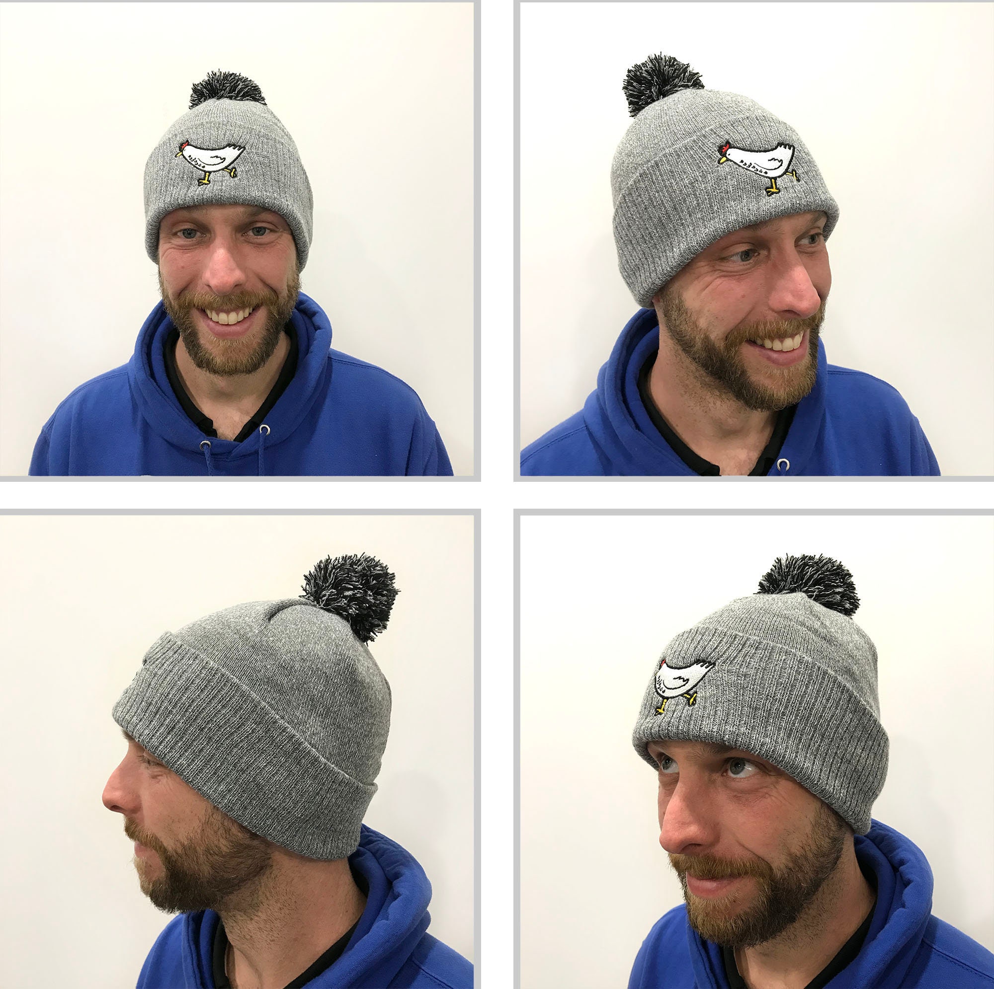 Chicken Beanie - ORIGINAL DESIGN, Warm Hat, Grey Bobble Hat - Etsy