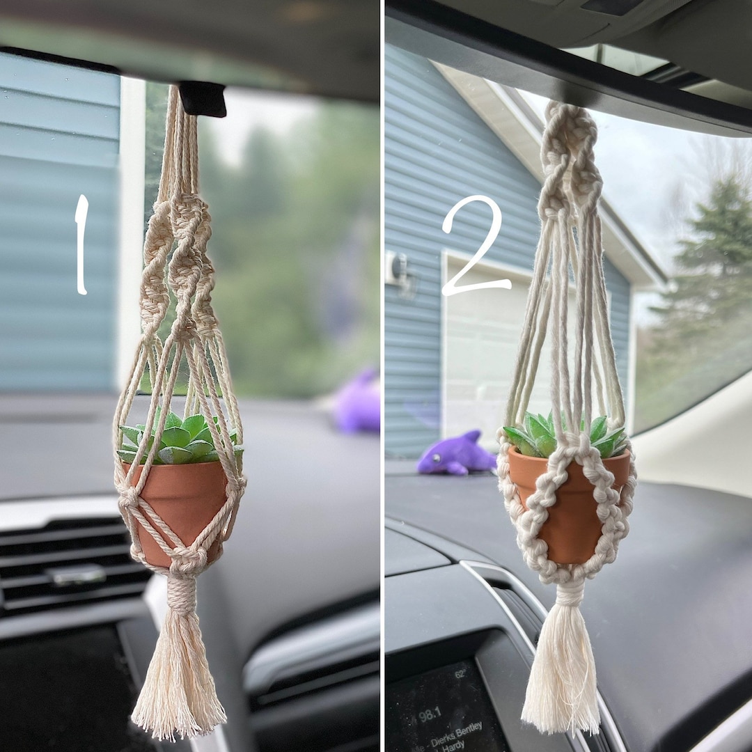 Rearview Mirror Macrame Plant Hanger, Pot and Fake Succulent Included ...