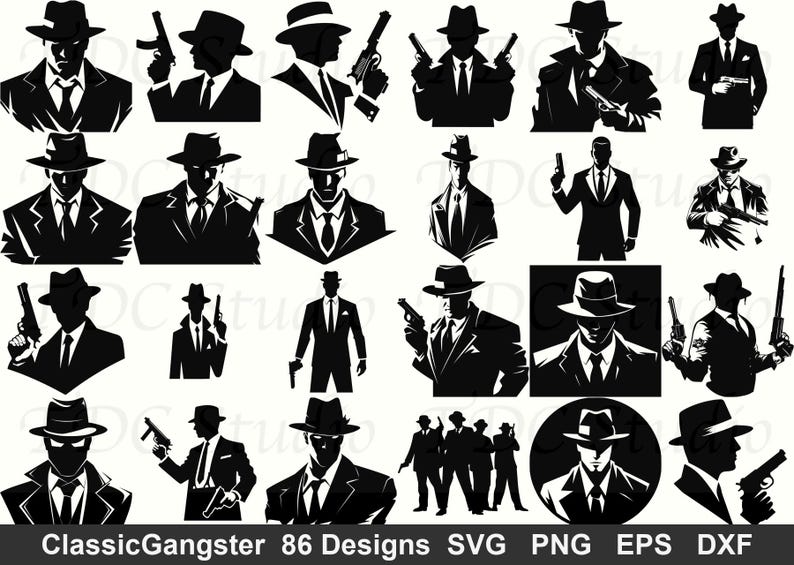 Gangster SVG Bundle – 1920s Mafia Designs, Fedora Hat Clipart (86 ...