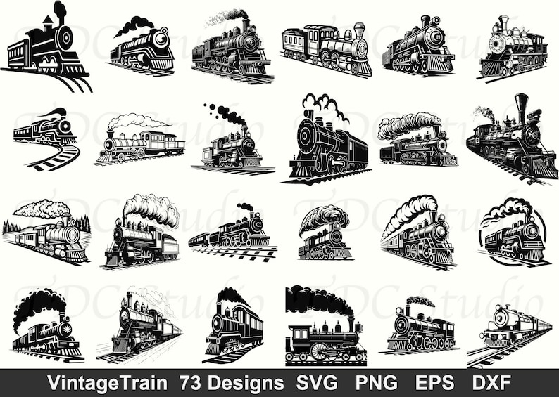 Vintage Train SVG Bundle (73 Designs) Steam Engine Silhouette PNG ...