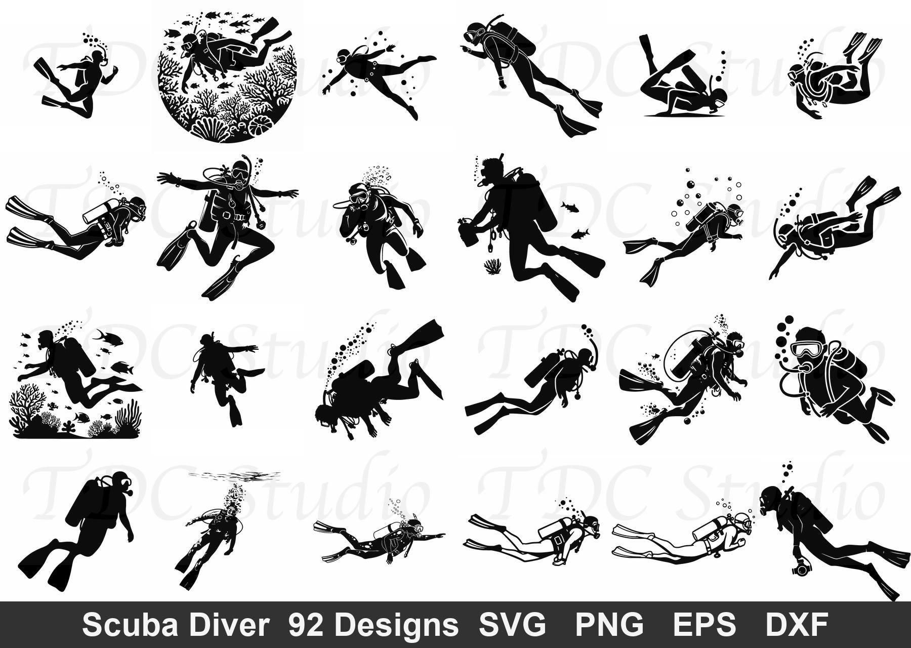 Scuba Diver SVG Bundle (92 Designs) - Diver Silhouette PNG, Underwater ...