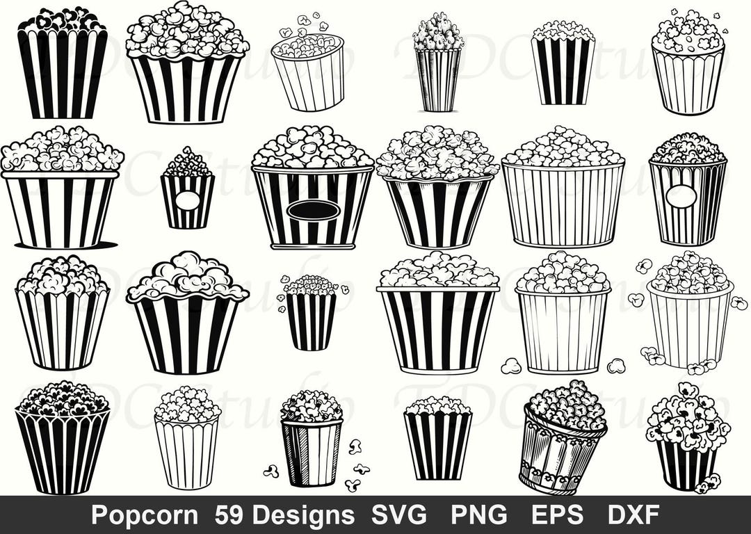 Popcorn SVG Bundle (59 Designs) - Movie Night PNG, Cinema Snack ...