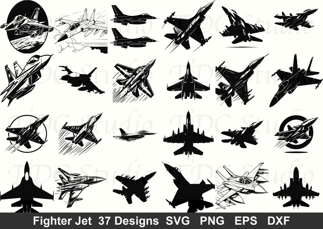 Fighter Jet SVG Bundle (37 Designs) - Military Aircraft Silhouette PNG ...