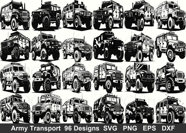 Military Vehicle SVG Bundle (96 Designs) - Army Transport PNG, Tactical ...