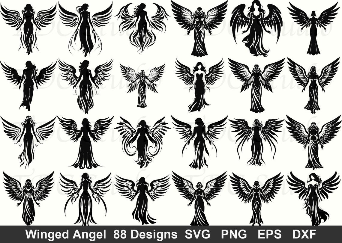 Winged Angel SVG Bundle (88 Designs) - Female Angel PNG, Heavenly ...
