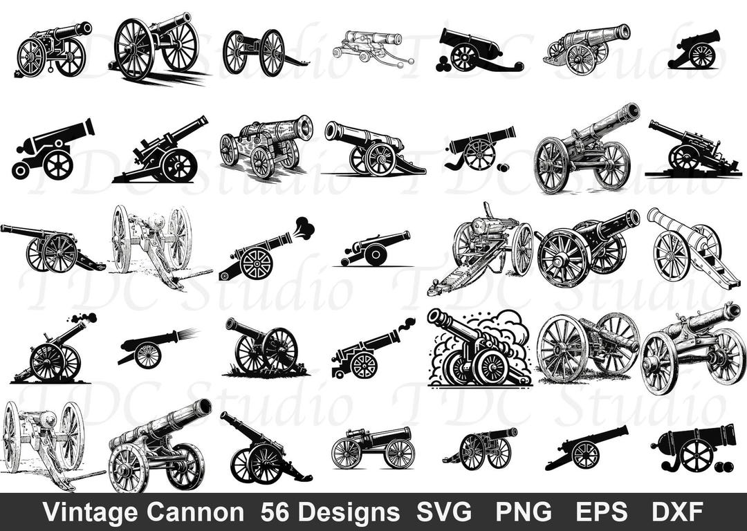 Vintage Cannon SVG Bundle (56 Designs) - Civil War Artillery PNG, Naval ...