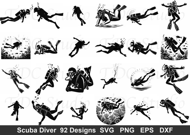 Scuba Diver SVG Bundle (92 Designs) - Diver Silhouette PNG, Underwater ...