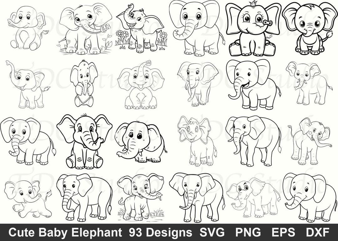 Cute Baby Elephant SVG Outline Bundle (93 Designs) - Elephant Coloring ...