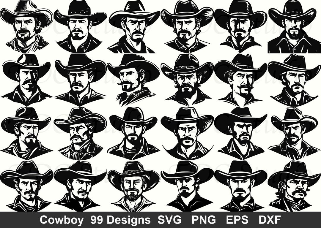 Cowboy Face SVG Bundle (99 Designs) Western Cowboy Silhouette, Outlaw ...
