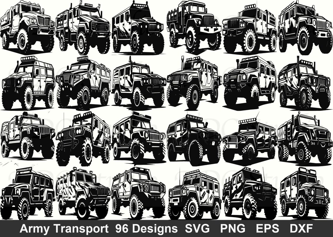 Military Vehicle SVG Bundle (96 Designs) - Army Transport PNG, Tactical ...