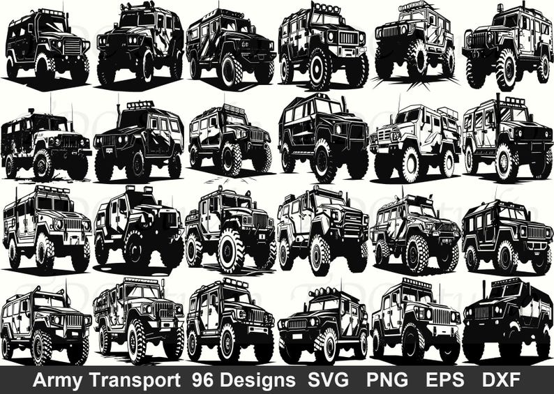 Military Vehicle SVG Bundle (96 Designs) - Army Transport PNG, Tactical ...