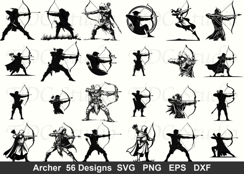 Archer SVG Bundle (56 Designs) - Bow and Arrow Silhouette PNG, Medieval ...