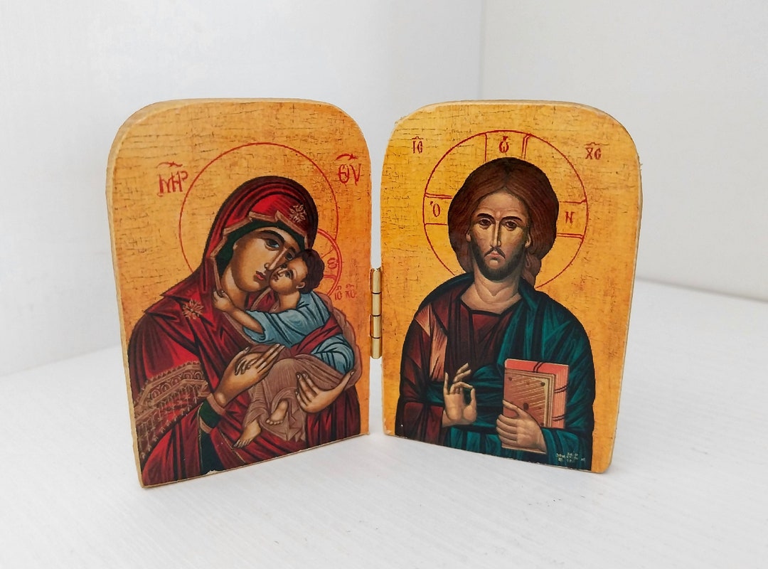 Diptych Christian Icon of Jesus Christ Pantocrator and Virgin Mary ...