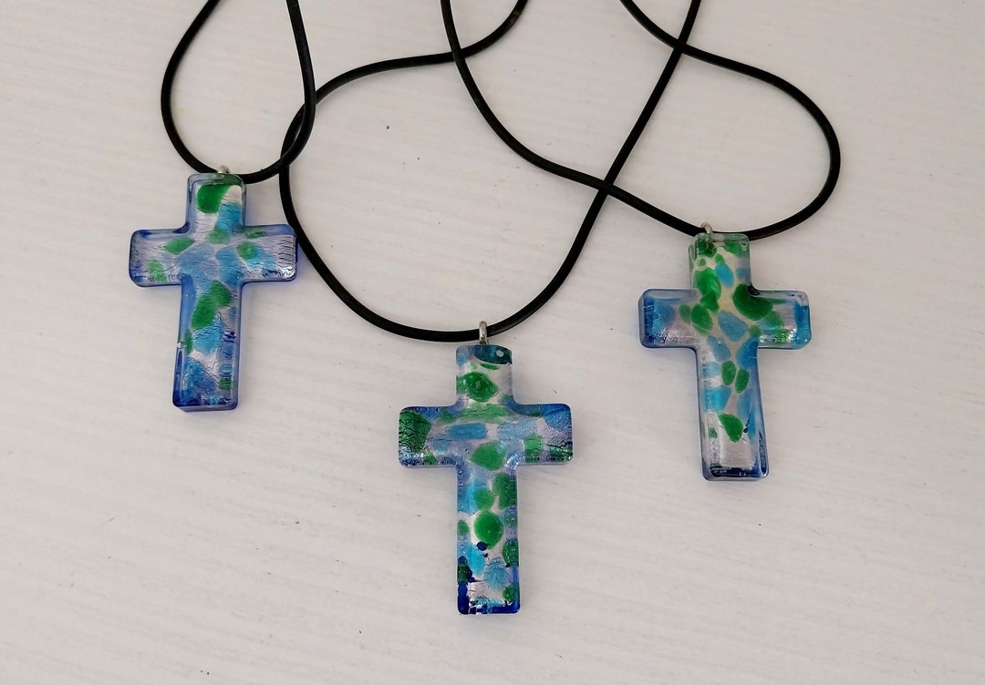 Glass Cross Necklace Pendants, Rainbow Fused Glass Cross Pendant, Black ...