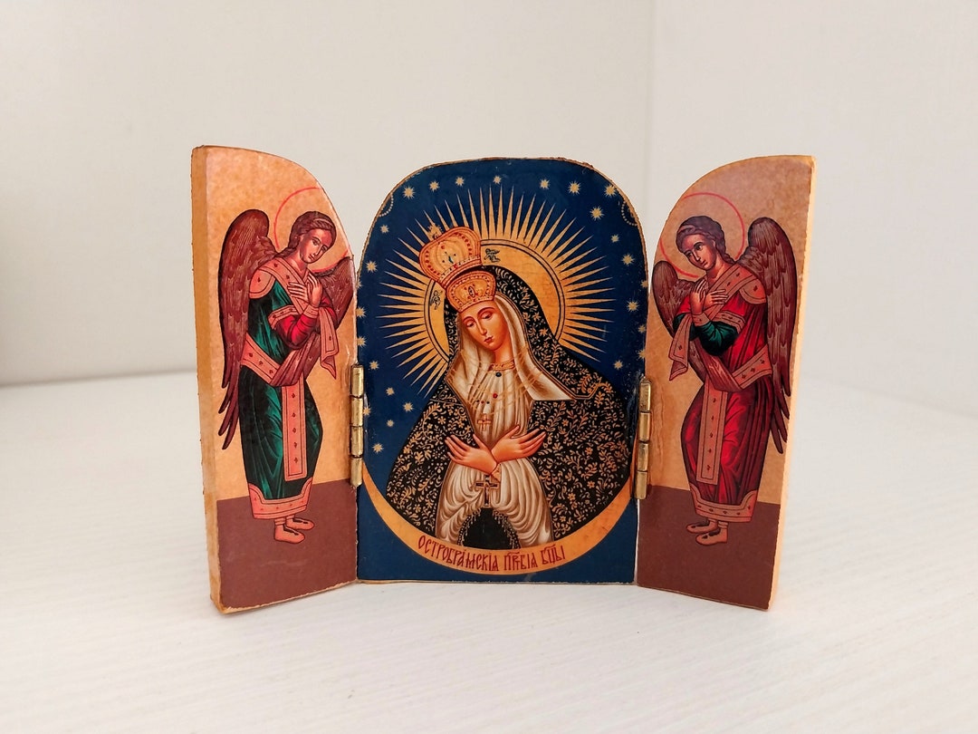 Triptych Icon Our Lady of the Gate of Dawn and Angels, Our Lady of Vilnius and Angels Greek ...