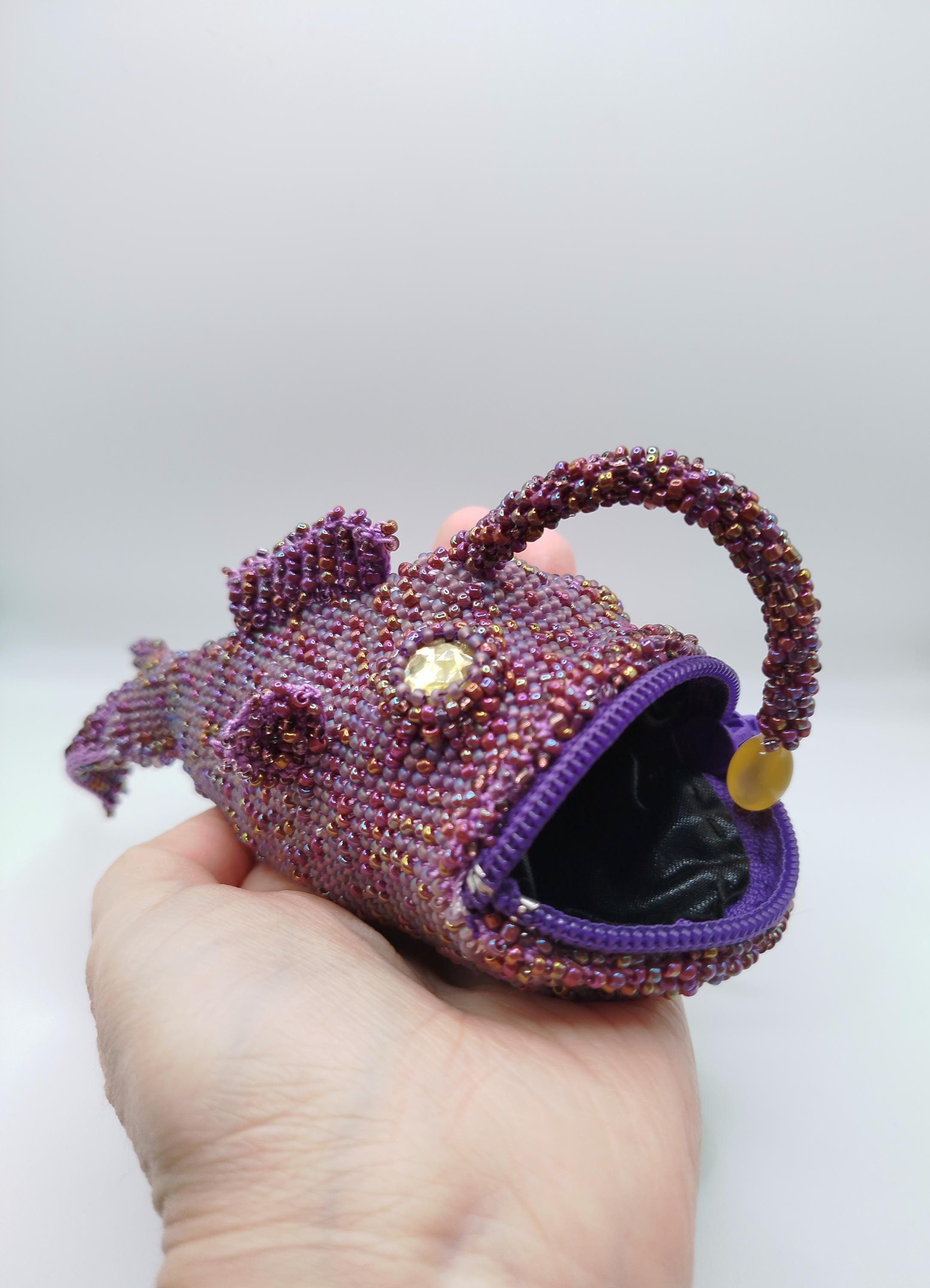 Beaded Anglerfish Coin Purse Crochet Purple Fish Bag Handmade Gift ...