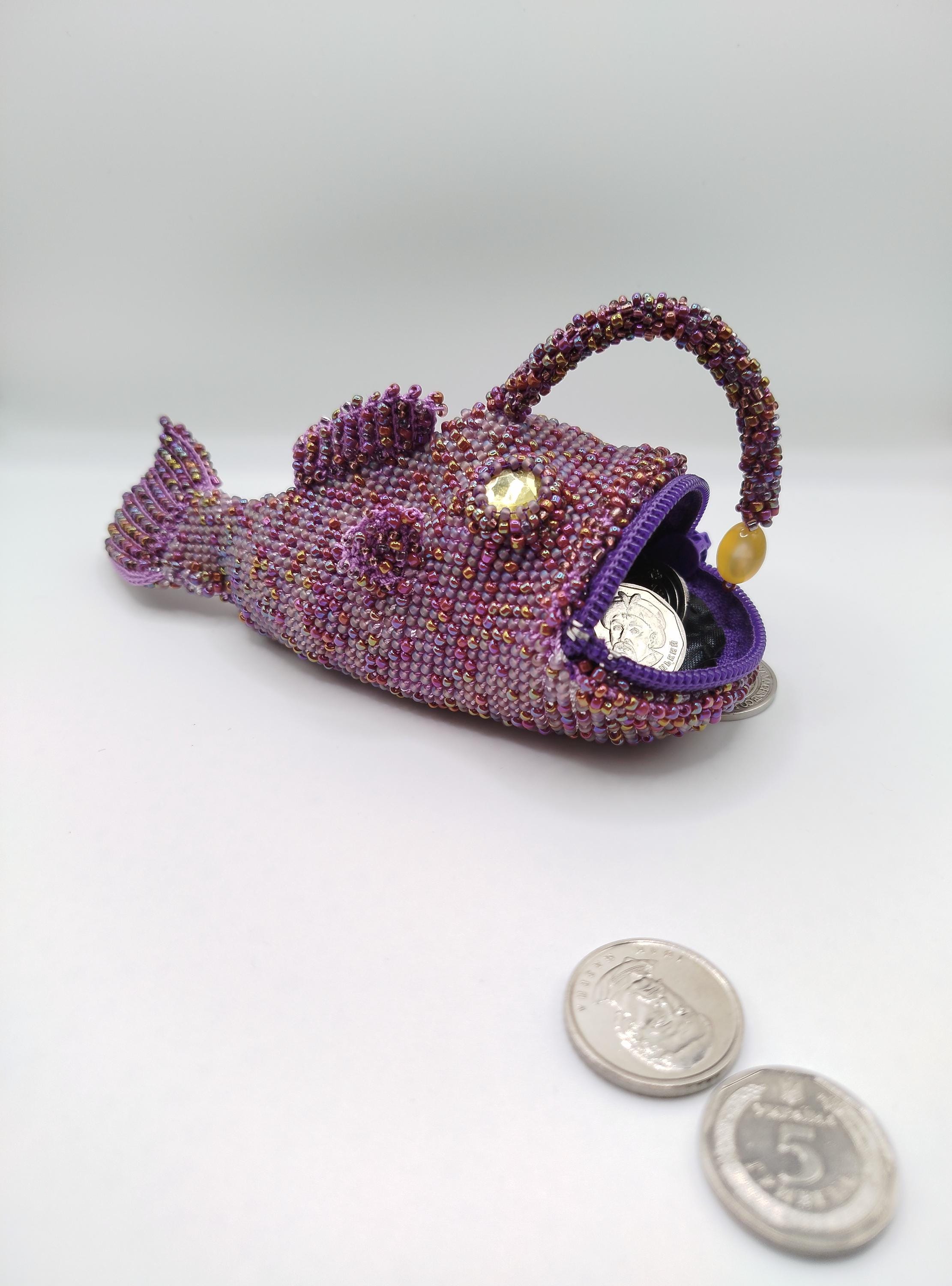 Beaded Anglerfish Coin Purse Crochet Purple Fish Bag Handmade Gift ...