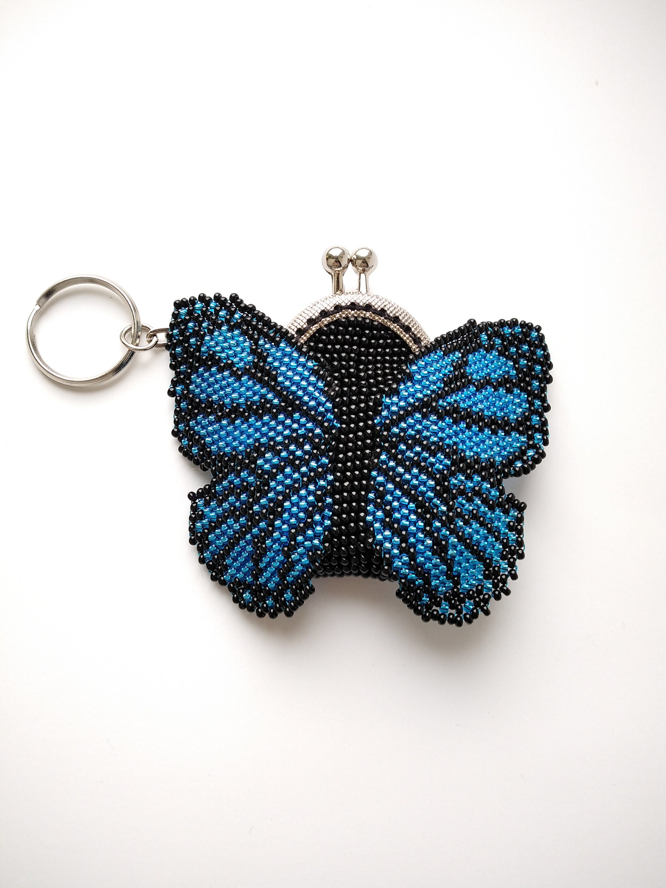 Beaded Butterfly Coin Purse Crochet Blue Bug Bag Wallet Handmade Gift ...