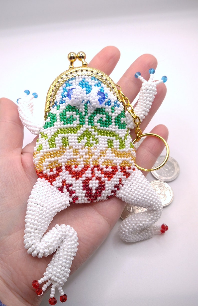 Beaded White Rainbow Frog Bag Crochet Coin Purse Toad Wallet Handmade ...