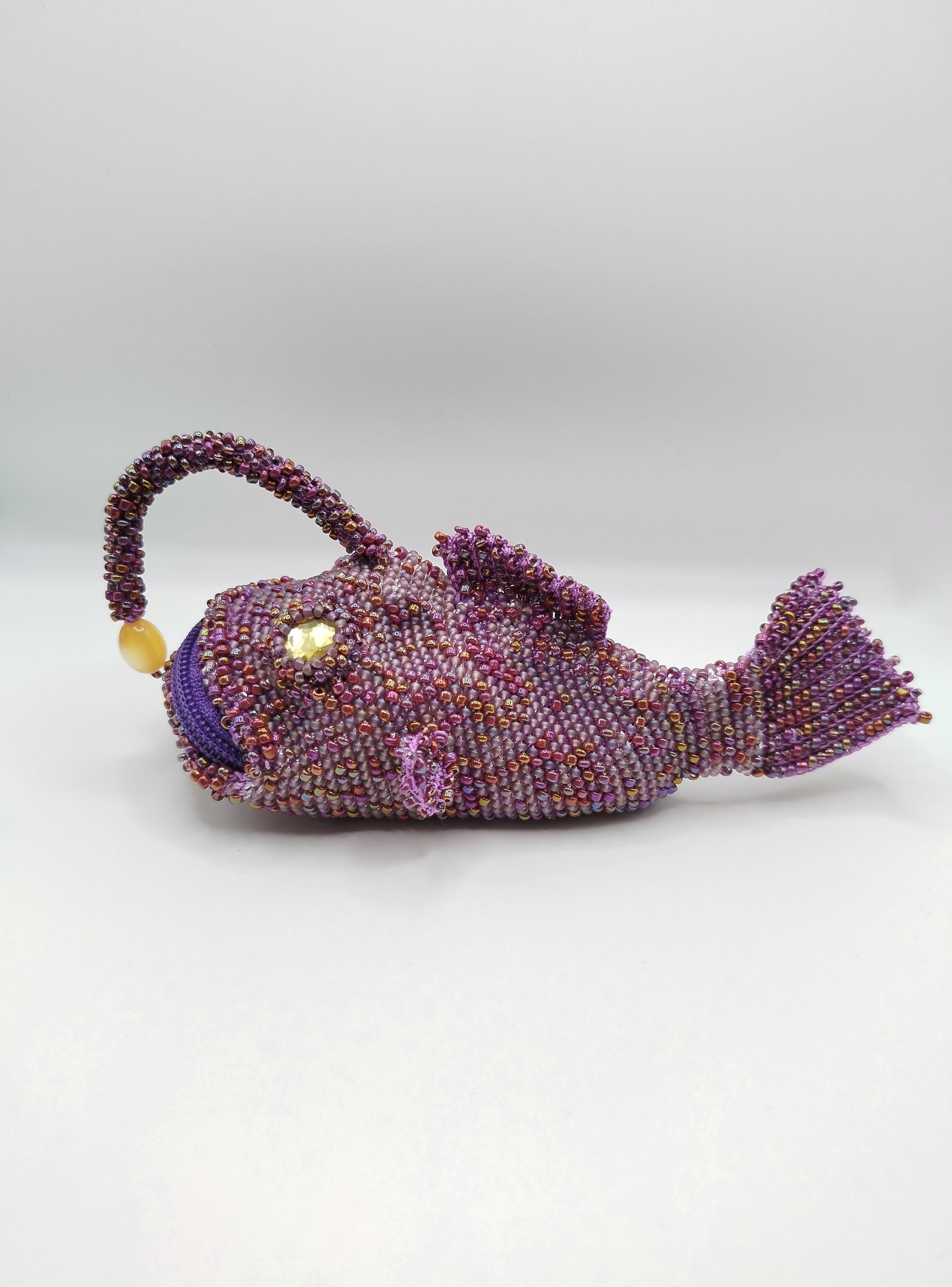 Beaded Anglerfish Coin Purse Crochet Purple Fish Bag Handmade Gift ...