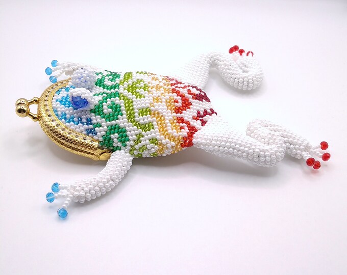 Beaded White Rainbow Frog Bag Crochet Coin Purse Toad Wallet Handmade ...