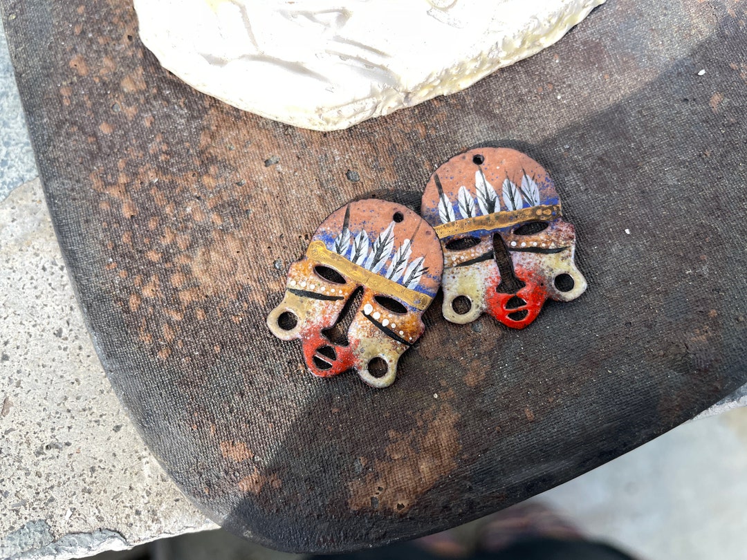 Enamelled Copper Charms / Tribal, Masks, Primitives Yellow Brown OR ...