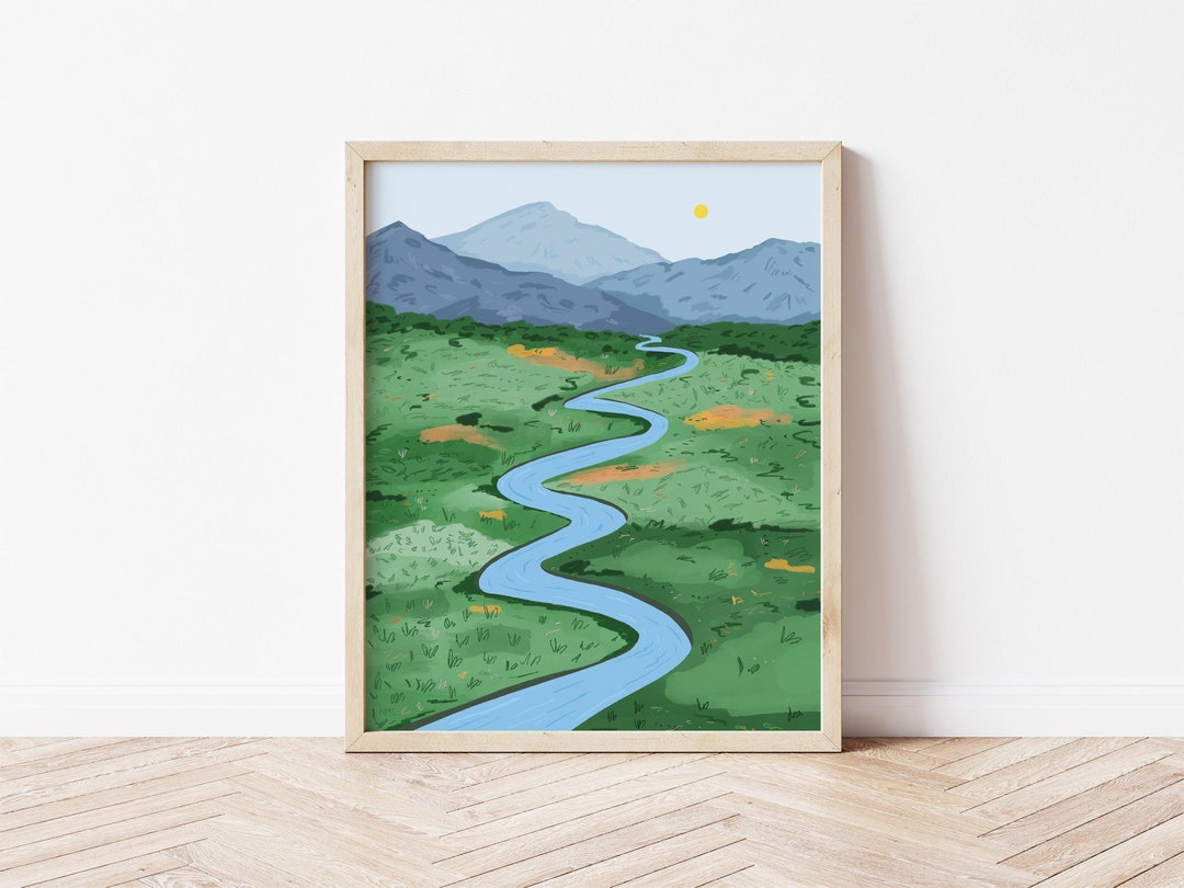 Nature Illustration Print, River Mountain Art, Pastel Colour Wall Art, Romantic Home Decor ...