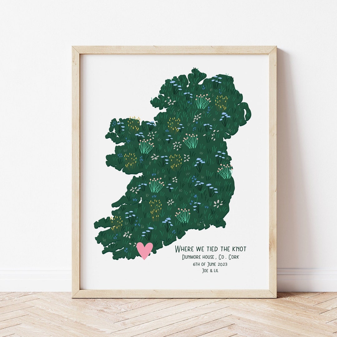 Ireland Map Illustration Print, Custom Loveheart Map Ireland ...