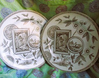 Brown and White Antique Transferware Set of 2 Dinner Plates - Etsy