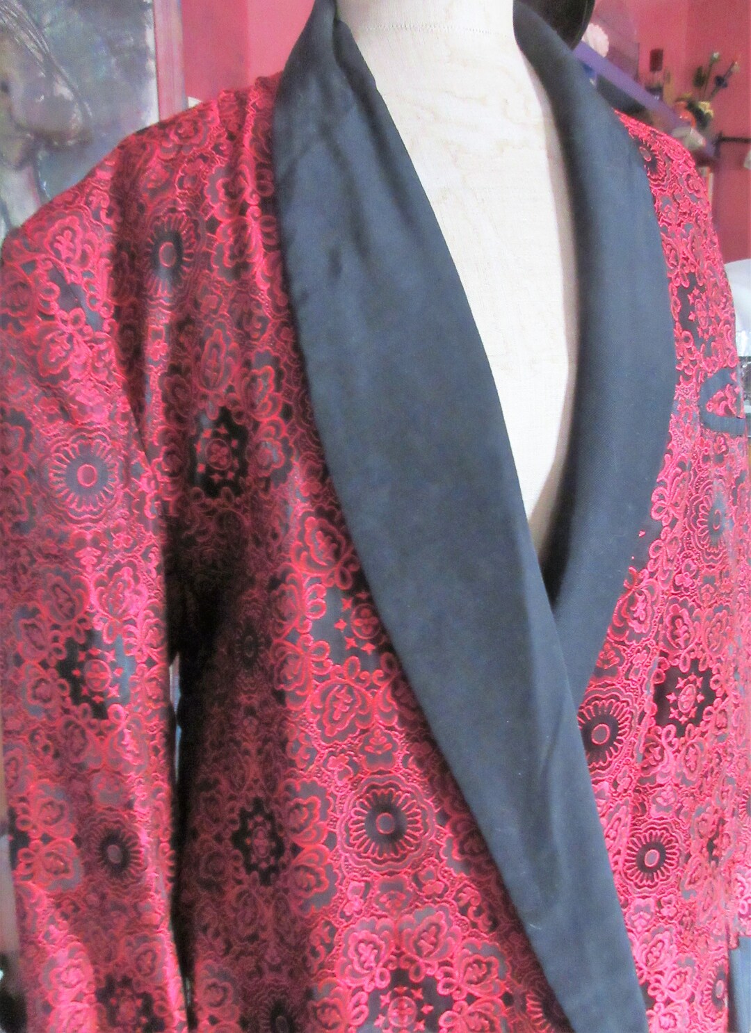 1930's Brocade Robe,red and Black, Acetate, Lined, Pockets, Full Length ...