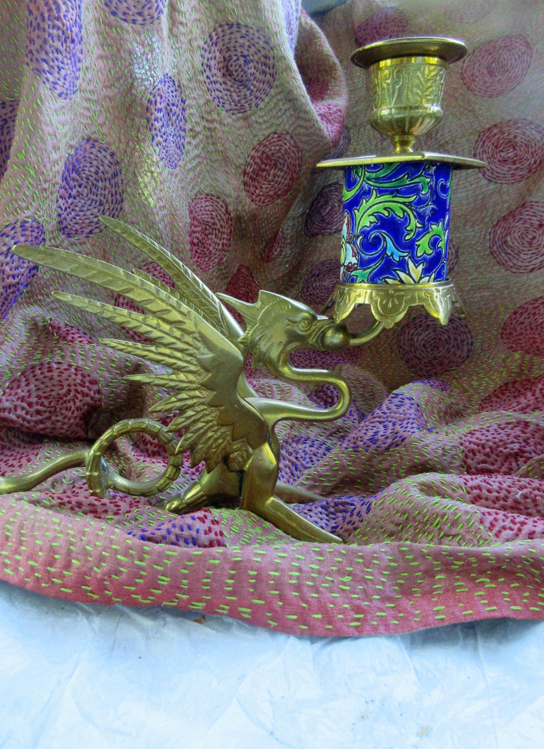 Edwardian Dragon Candlestick, Enameled Holder, Brass, Very Unusual and ...