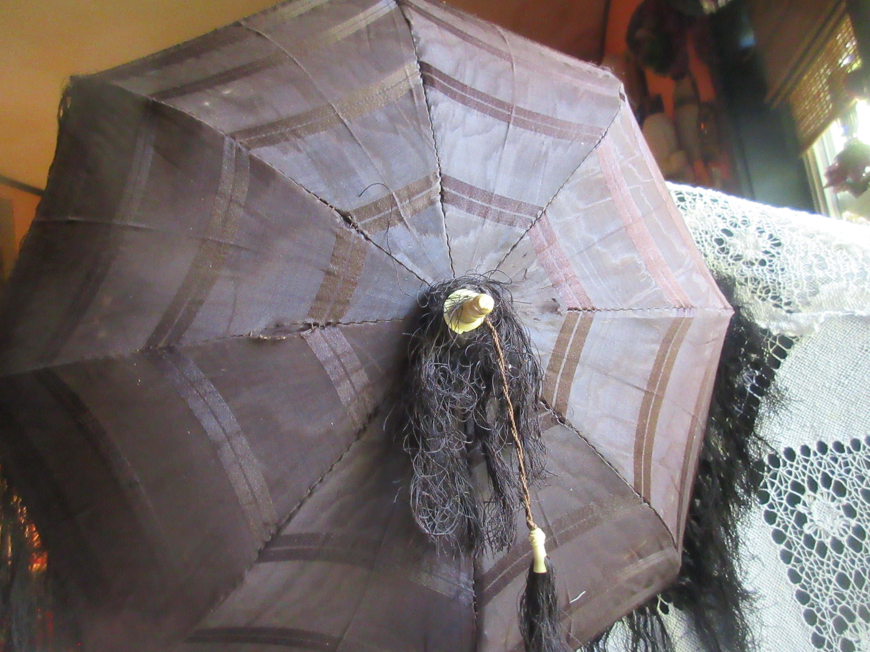 1880's Victorian Black Silk Moire Parasol, Fringed, Carved Collapsible ...
