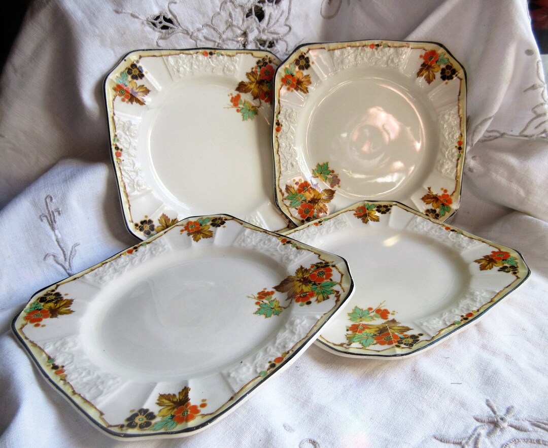 4 Art Deco Side Plates, Tea Plates, Square, Maple Leaf Design, Embossed ...