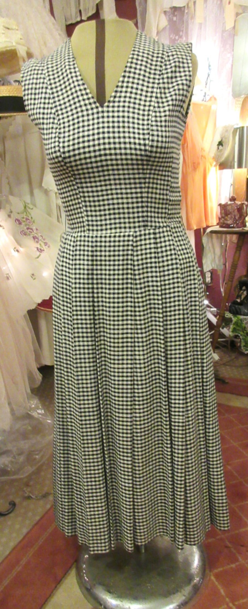 1940's Vintage Day Dress Linen Black and White Checks - Etsy