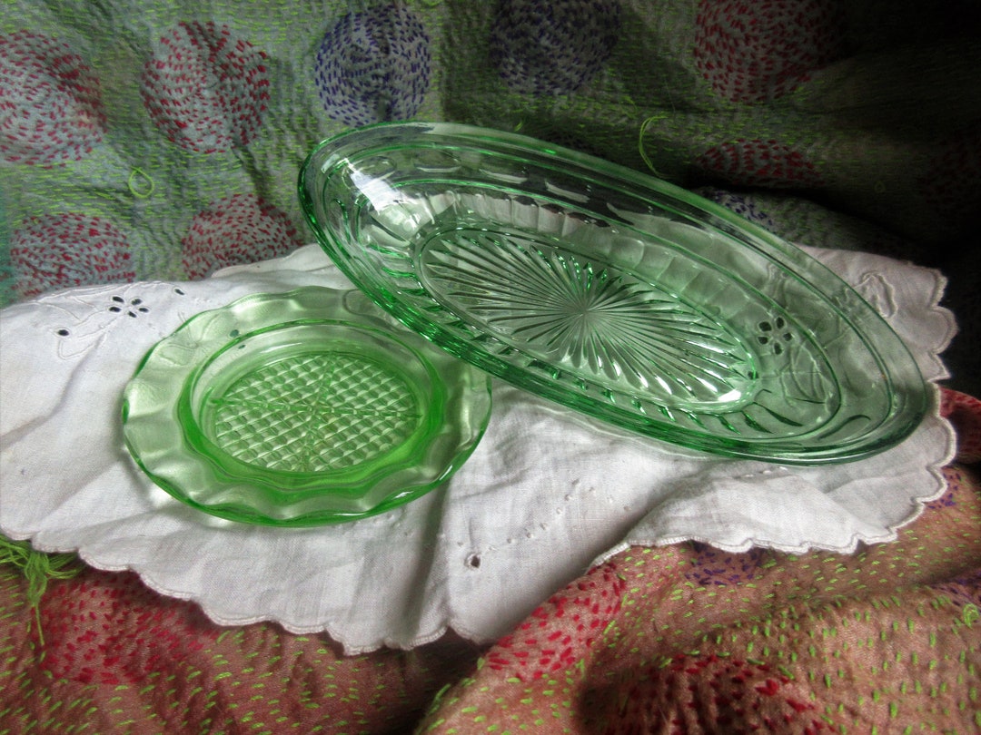 2 Uranium Glass Serving Dishes, Green Glass, 1 Small Dish, 1 Medium ...