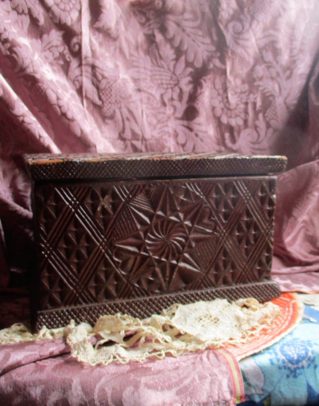 Desirable "tramp Art" Hand Carved Wooden Box, Primitive Art, Silk Lined ...