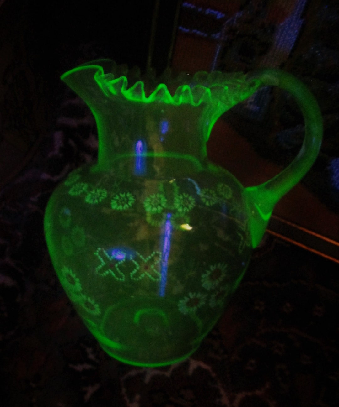 Incredible Hand Painted Uranium Glass Pitcher, Early 1900's, Hand Blown ...