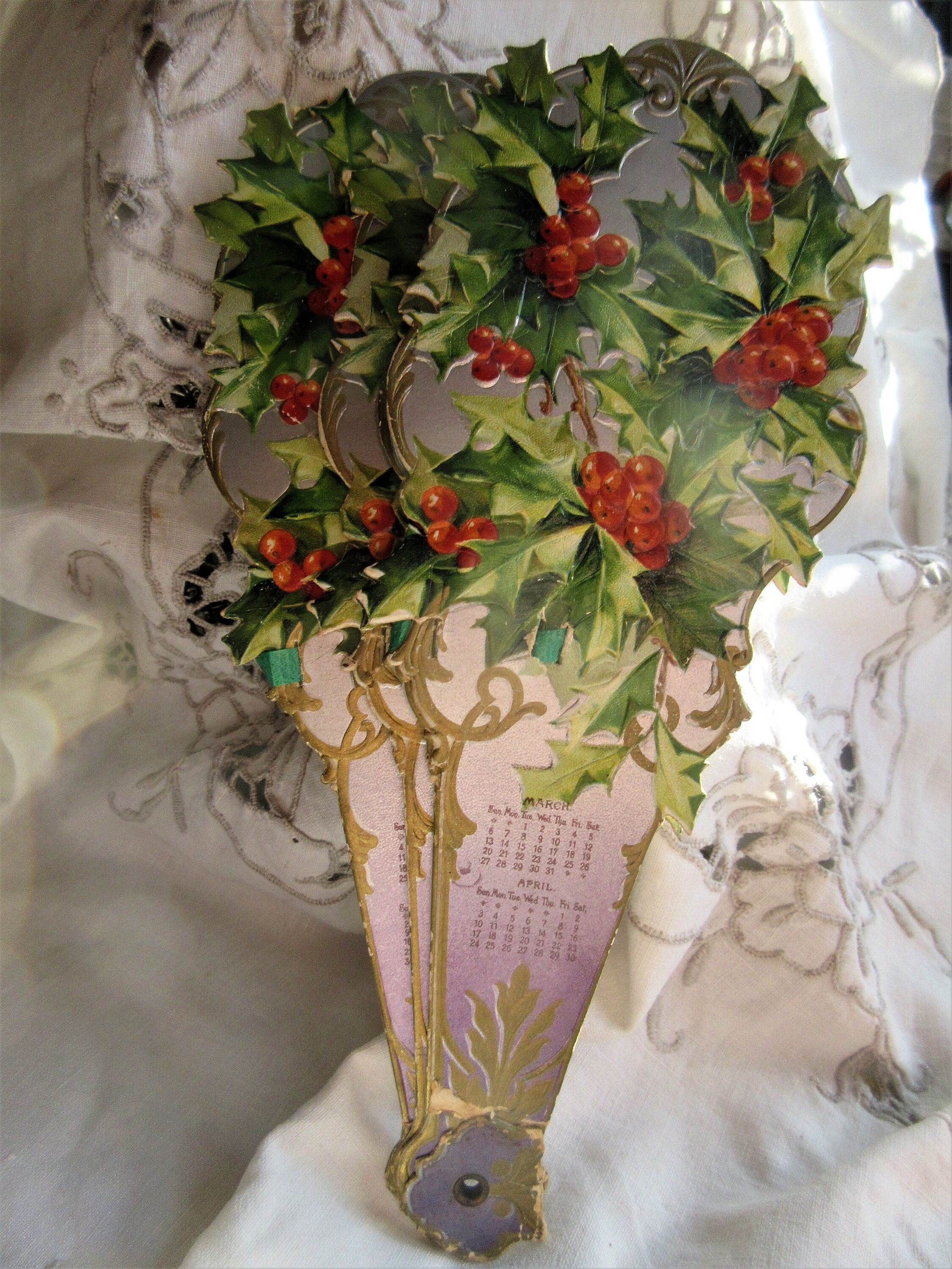 Antique Victorian Calendar Fan, Red and Green Floral Design, Template ...